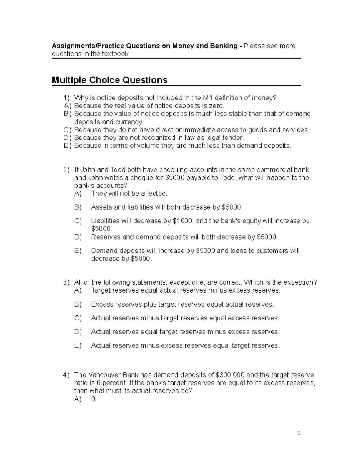 Chapter 8 - Assignments/Practice Questions on Money and Banking ...