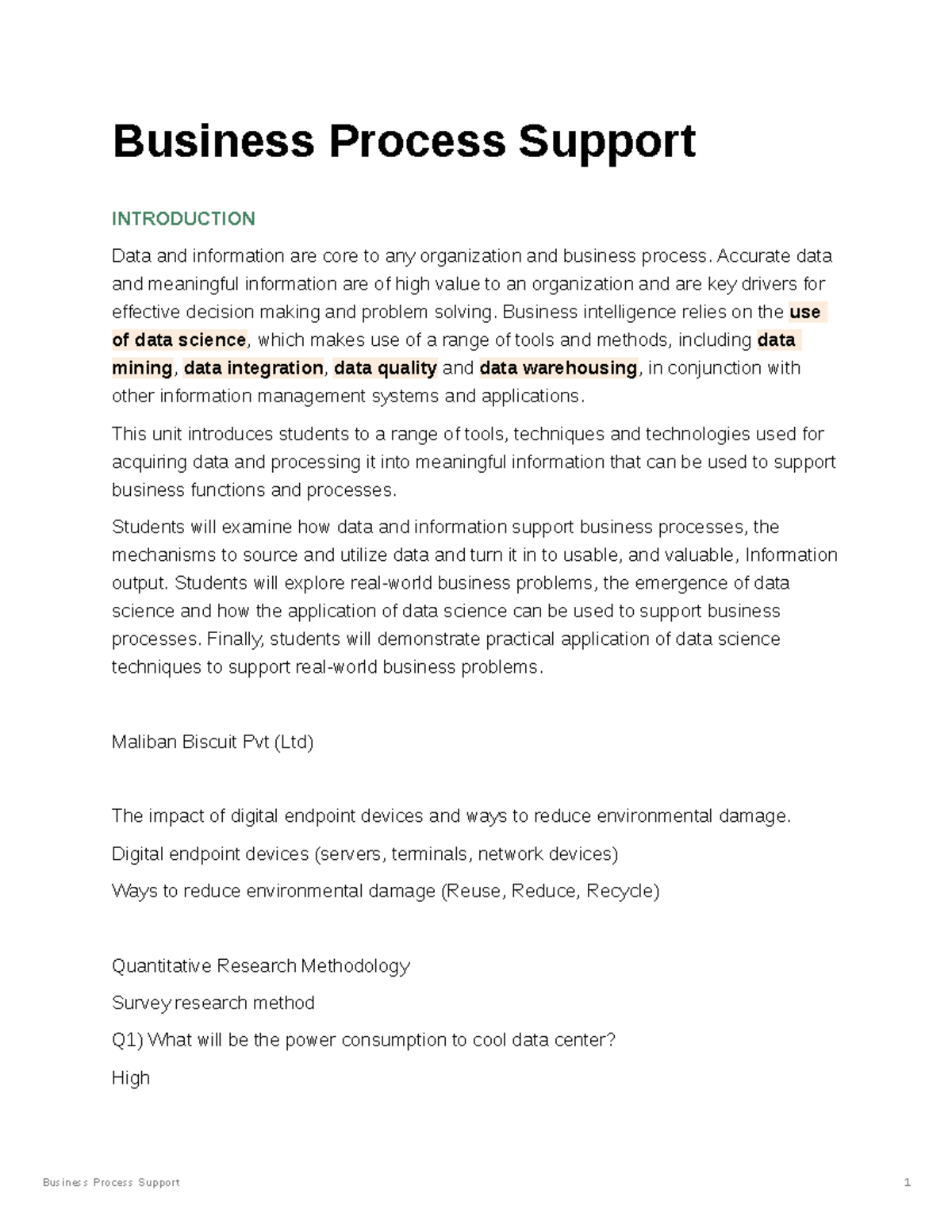 Business Process Support - Business Process Support INTRODUCTION Data ...