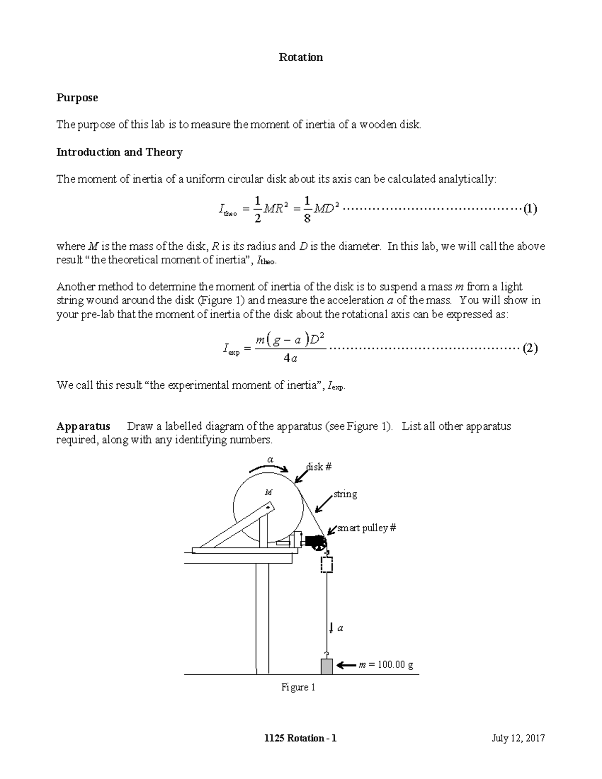 rotation physics 1125 - Rotation Purpose The purpose of this lab is to ...