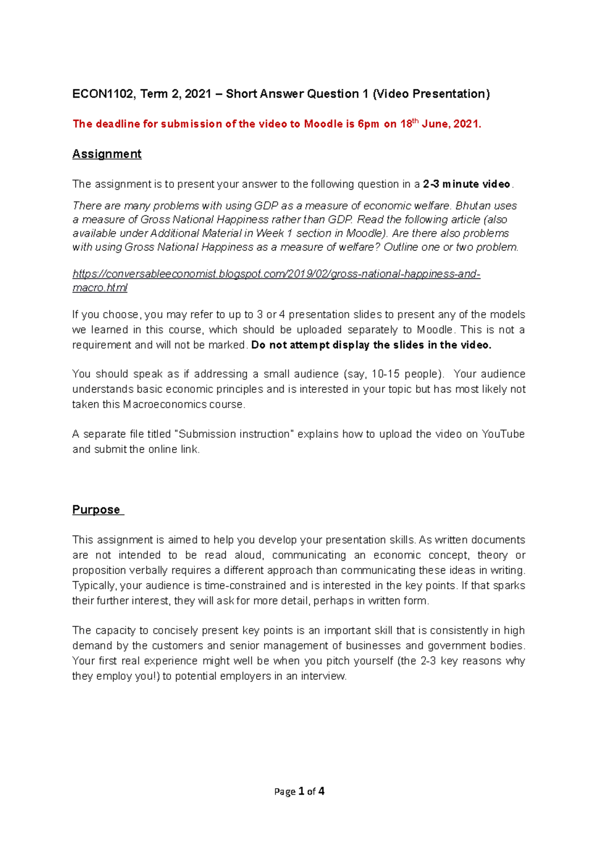 ECON1102 Information on Video Presentation 2021 - ECON1102, Term 2, 2021 – Short Answer Question ...