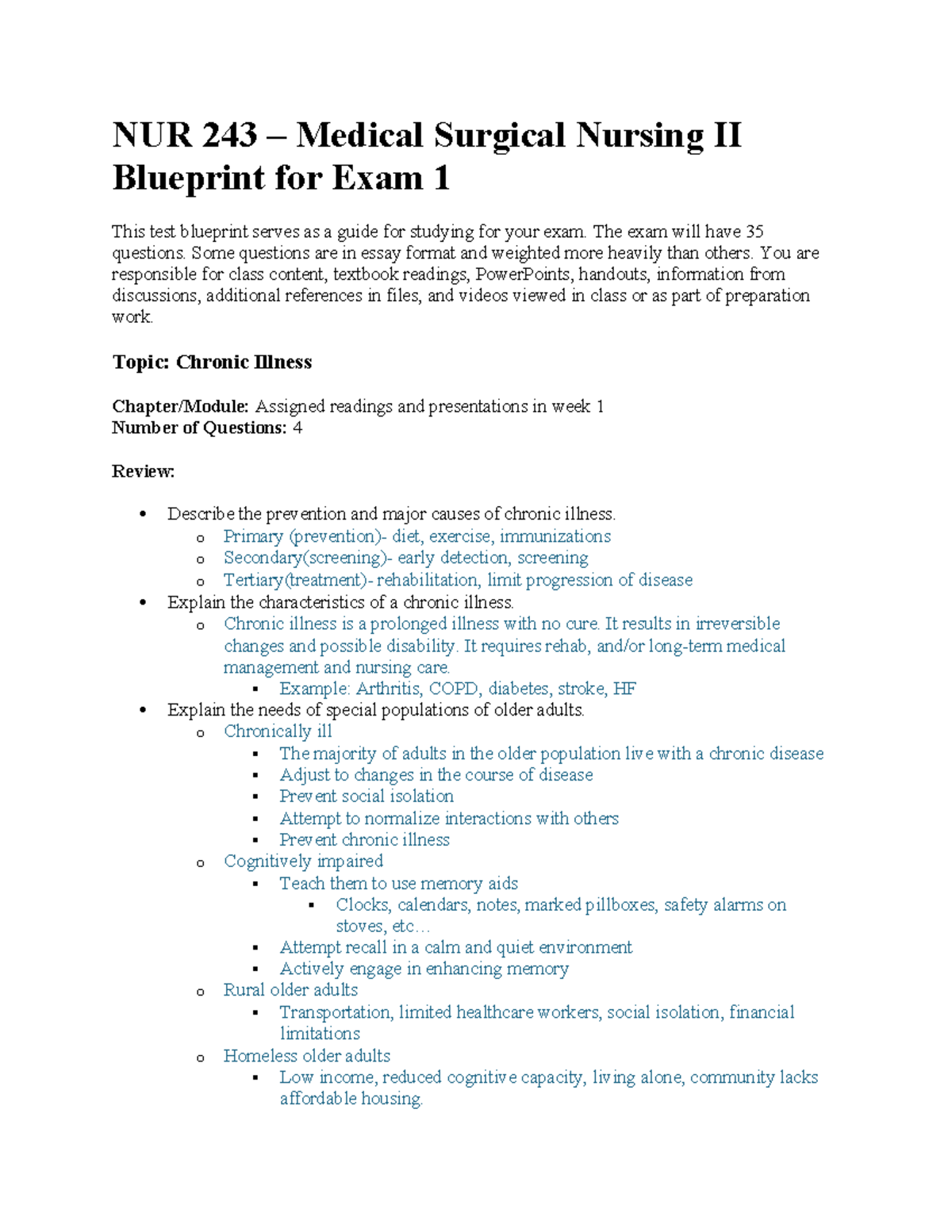 NUR 243 Exam 1 Review- Med Surg II - NUR 243 – Medical Surgical Nursing ...