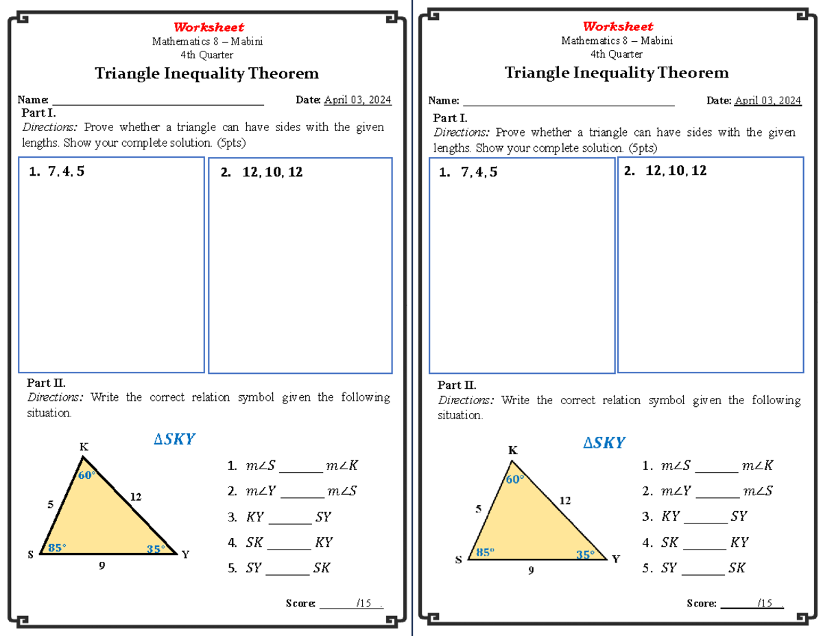 TRIANGLE INEQUALITIES THEOREM - Worksheet Mathematics 8 – Mabini 4th ...