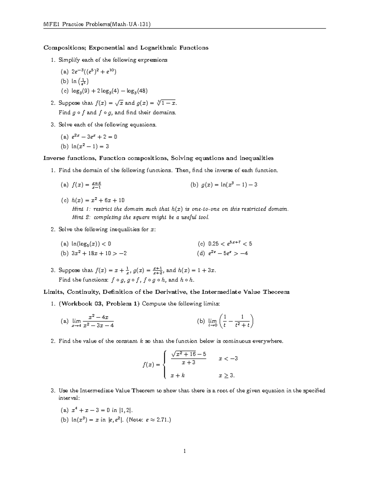 Final Exam Practice Problems - Compositions; Exponential and ...