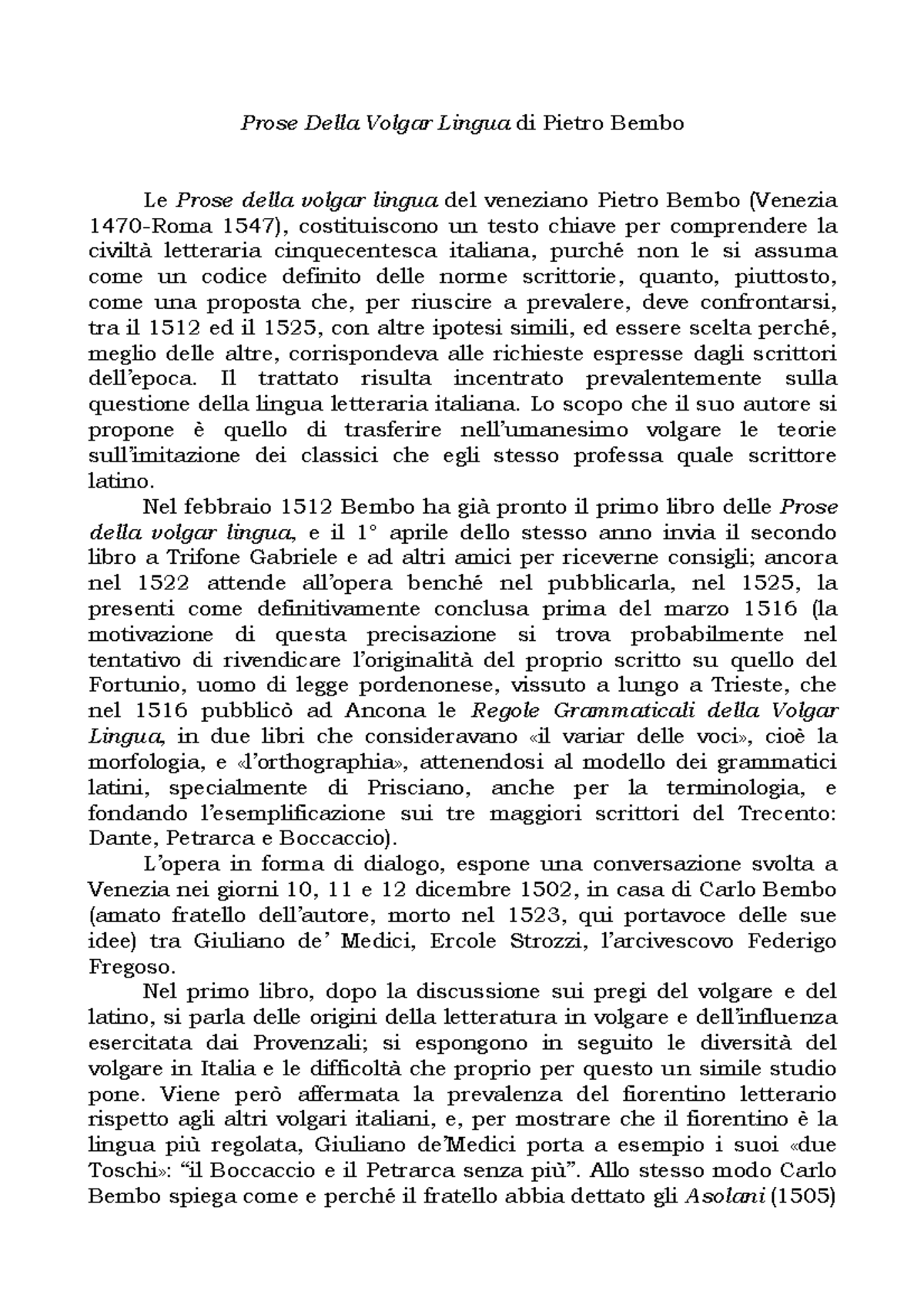 Prose Bembo - Prose Della Volgar Lingua di Pietro Bembo Le Prose della ...