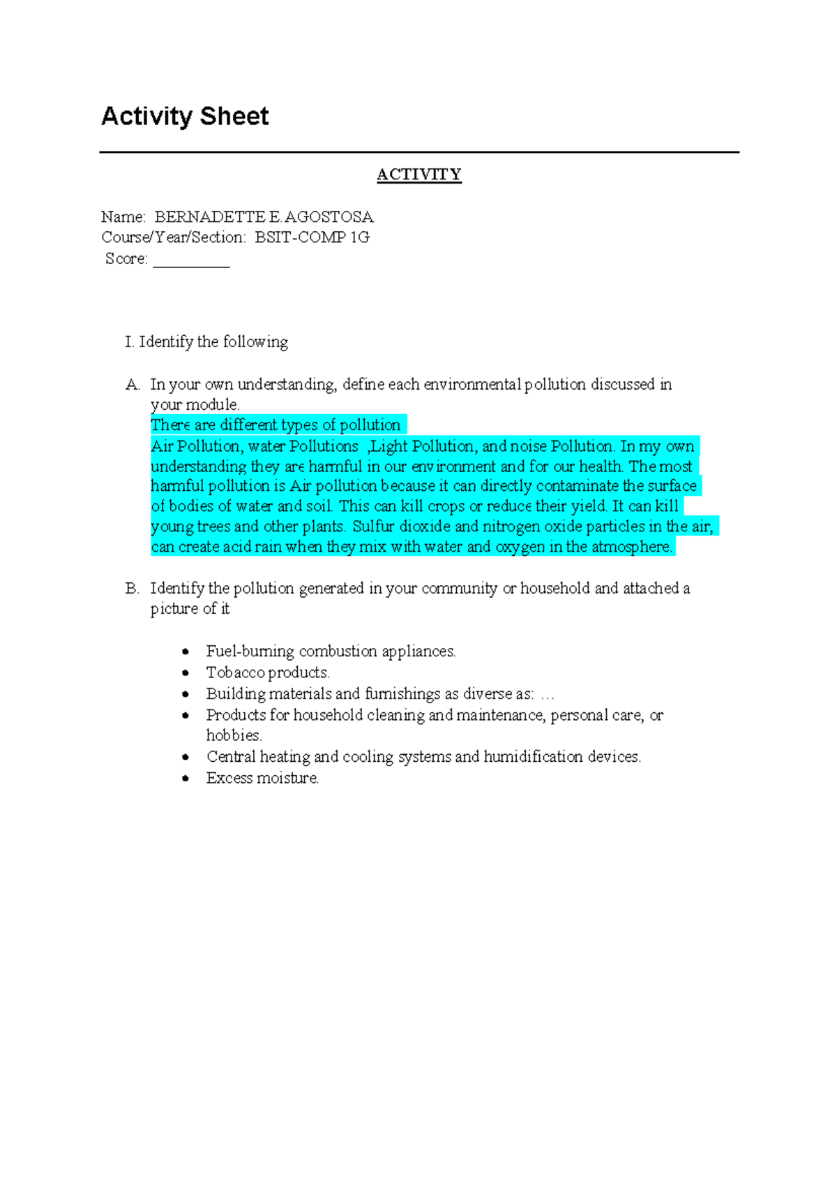 Chapter 5 1 - COLLEGE ASSIGNMENT - Activity Sheet ACTIVITY Name ...