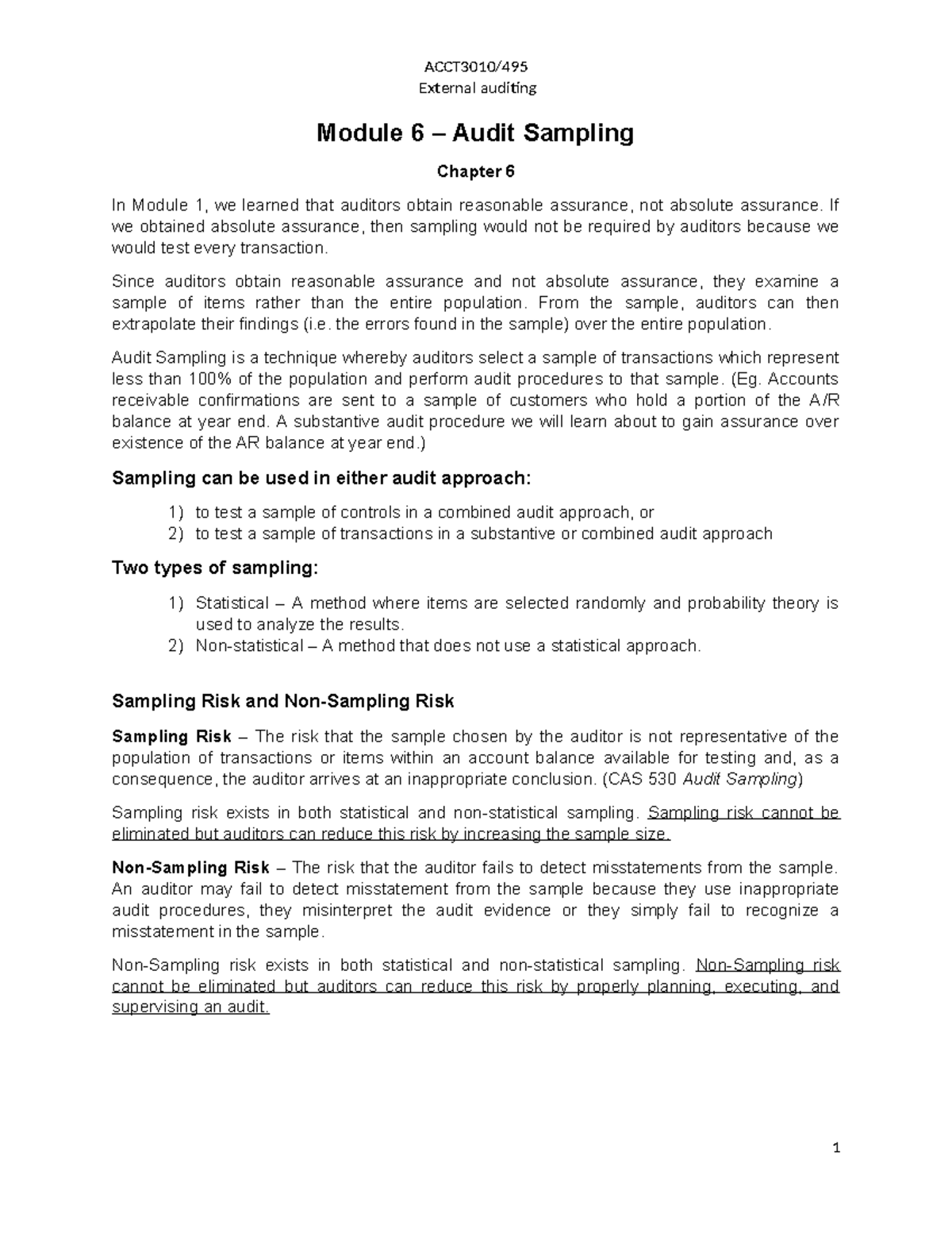 Module 6 External Audit Sampling 495 soln - External auditing Module 6 – Audit Sampling Chapter ...