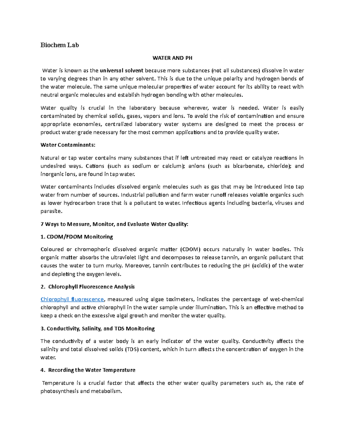 Biochem Lab - Water AND PH - Biochem Lab WATER AND PH Water is known as ...