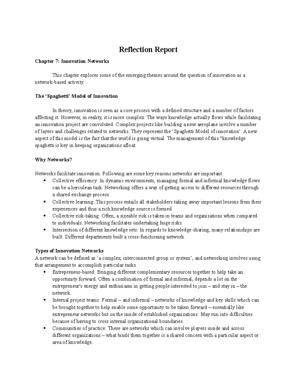 Reflection Report 8 - Innovation networks - Reflection Report Chapter 7: Innovation Networks ...