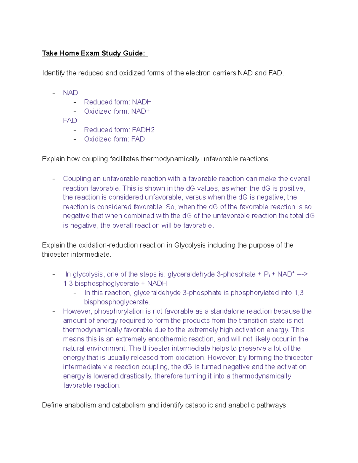 Biochemistry Exam 2 Study Guide - Take Home Exam Study Guide: Identify ...