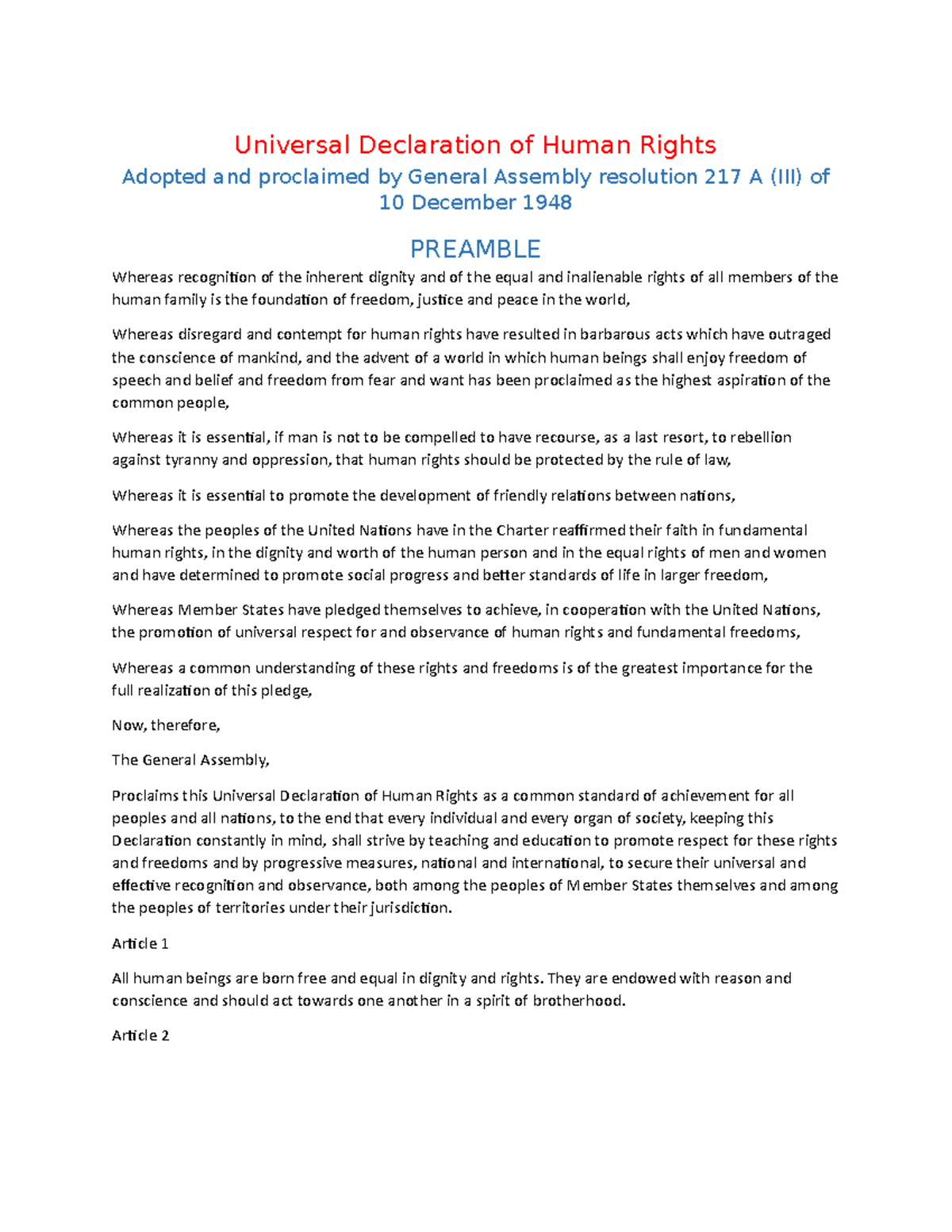 Universal Declaration of Human Rights - Article 1 All human beings are ...