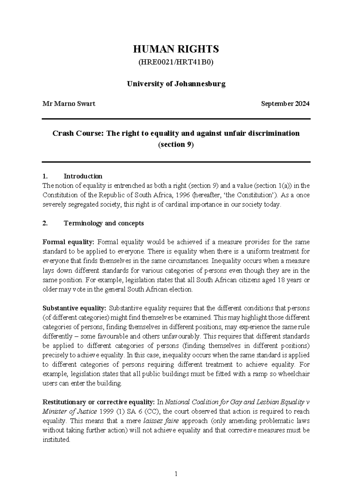 Right to equality lecture notes - HUMAN RIGHTS (HRE0021/HRT41B0 ...