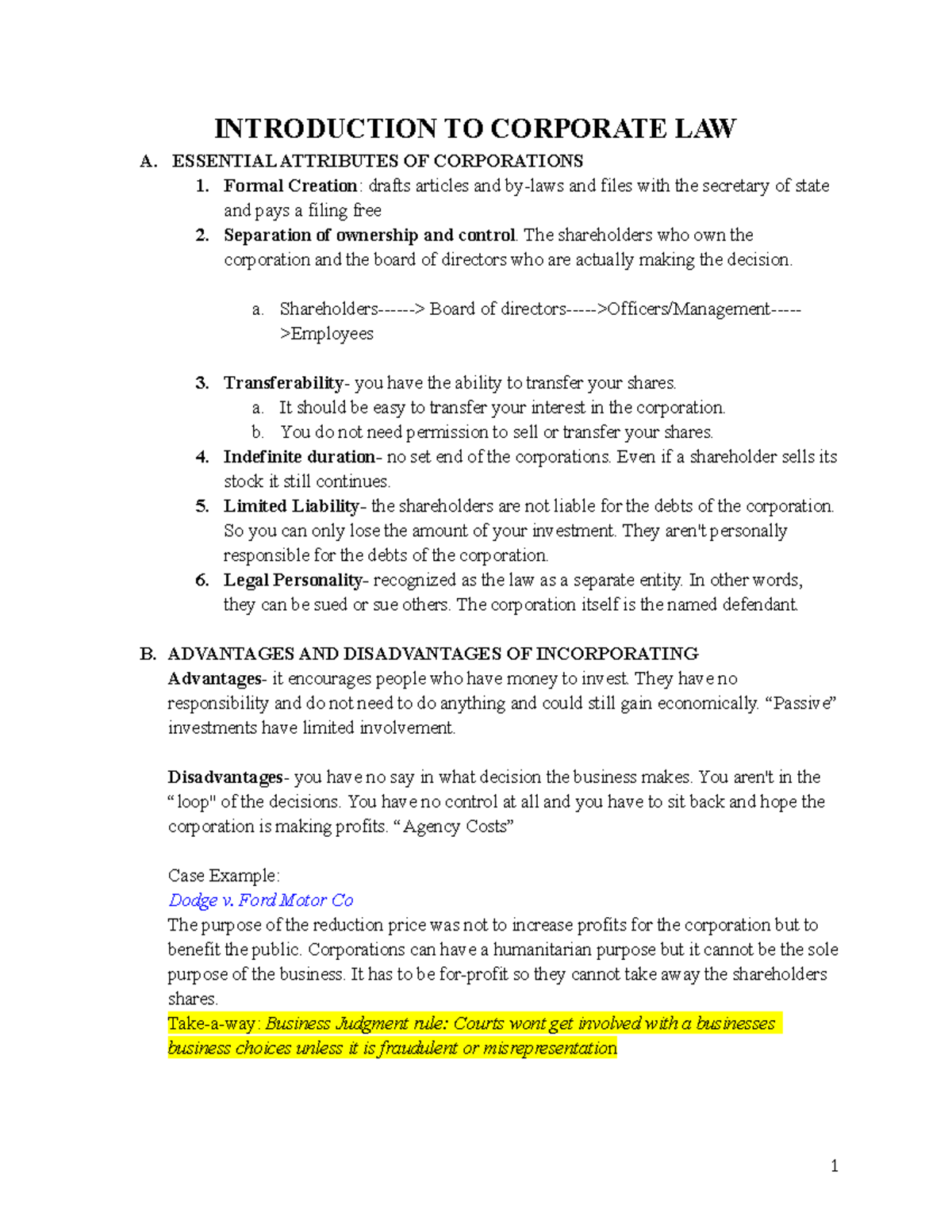 Bus Org CALI 2021 - INTRODUCTION TO CORPORATE LAW A. ESSENTIAL ...