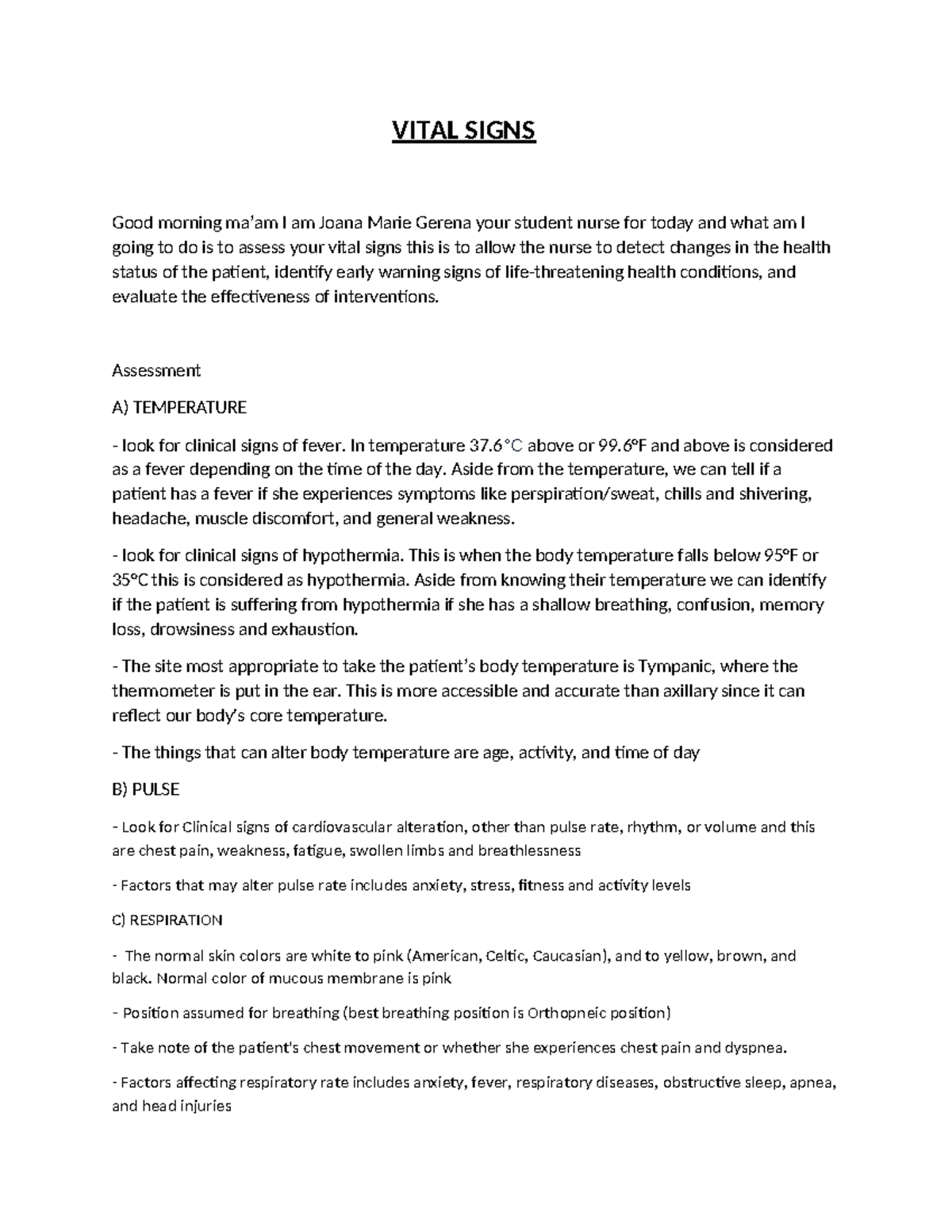Vital Signs (retdem) - VITAL SIGNS Good morning ma’am I am Joana Marie ...