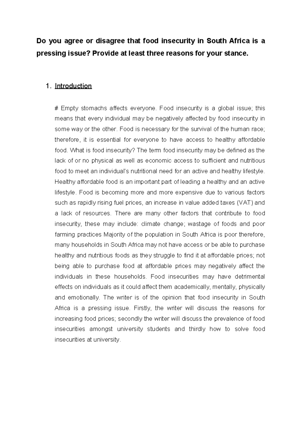 Draft 2 - Final Essay - Do you agree or disagree that food insecurity ...