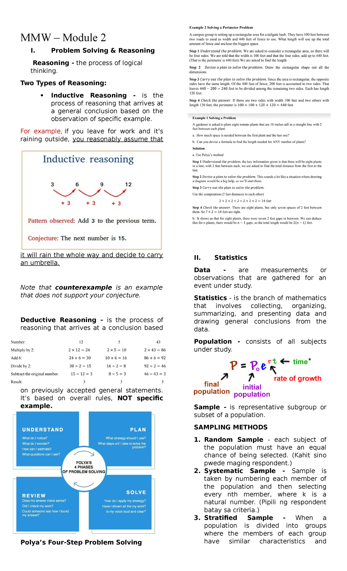 MMW - Summary Mathematics in the Modern World - MMW – Module 2 I. Problem Solving & Reasoning ...