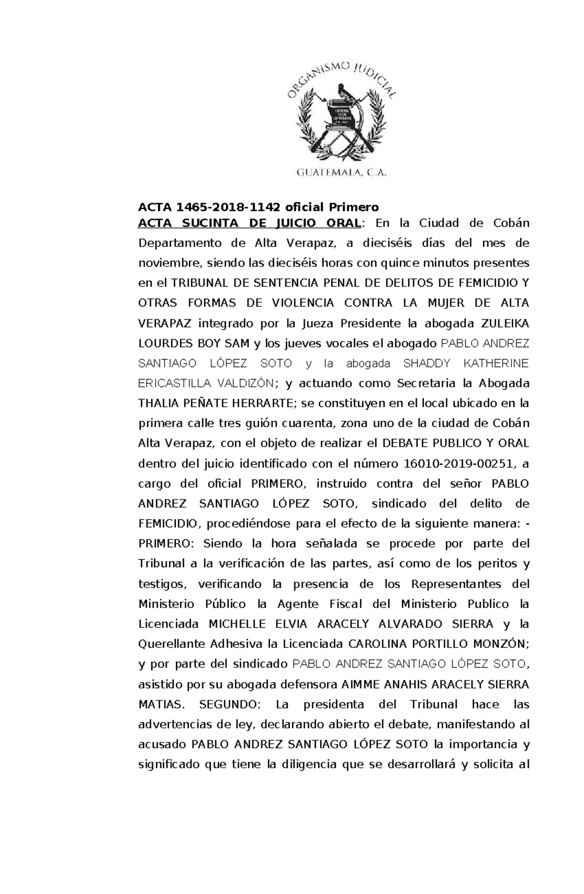 acta sucinta de debate docx - ACTA 1465-2018-1142 oficial Primero ACTA ...