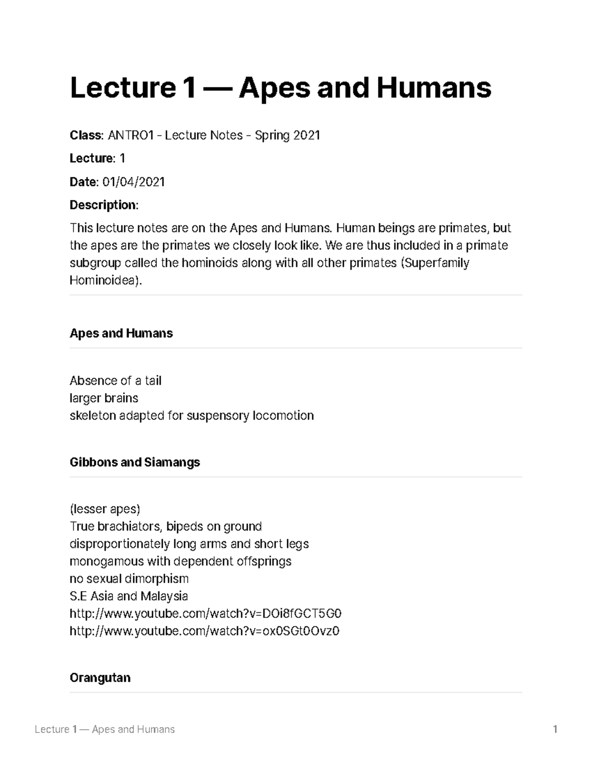 Lecture 1 Apes and Humans - Lecture 1 — Apes and Humans 1 Lecture 1 ...