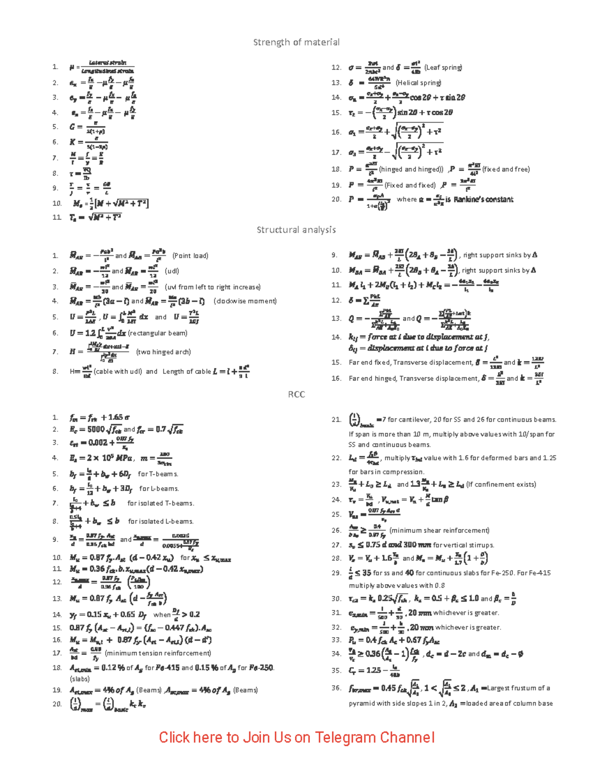 Formulas Civil Engineering@Team MCQ - Strength of material 1. = 2. 3. 4. 5. 6. 7. 8. 9. 10. = 11 ...