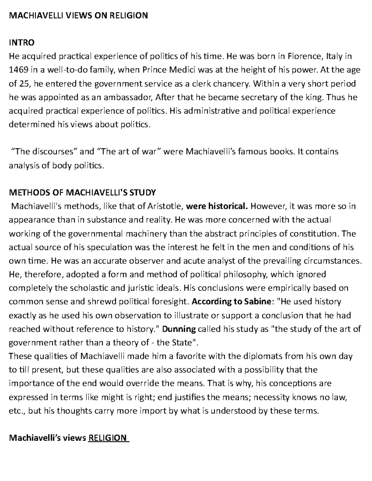 Machiavelli views on Religion and Politics expressed in his book "THE ...