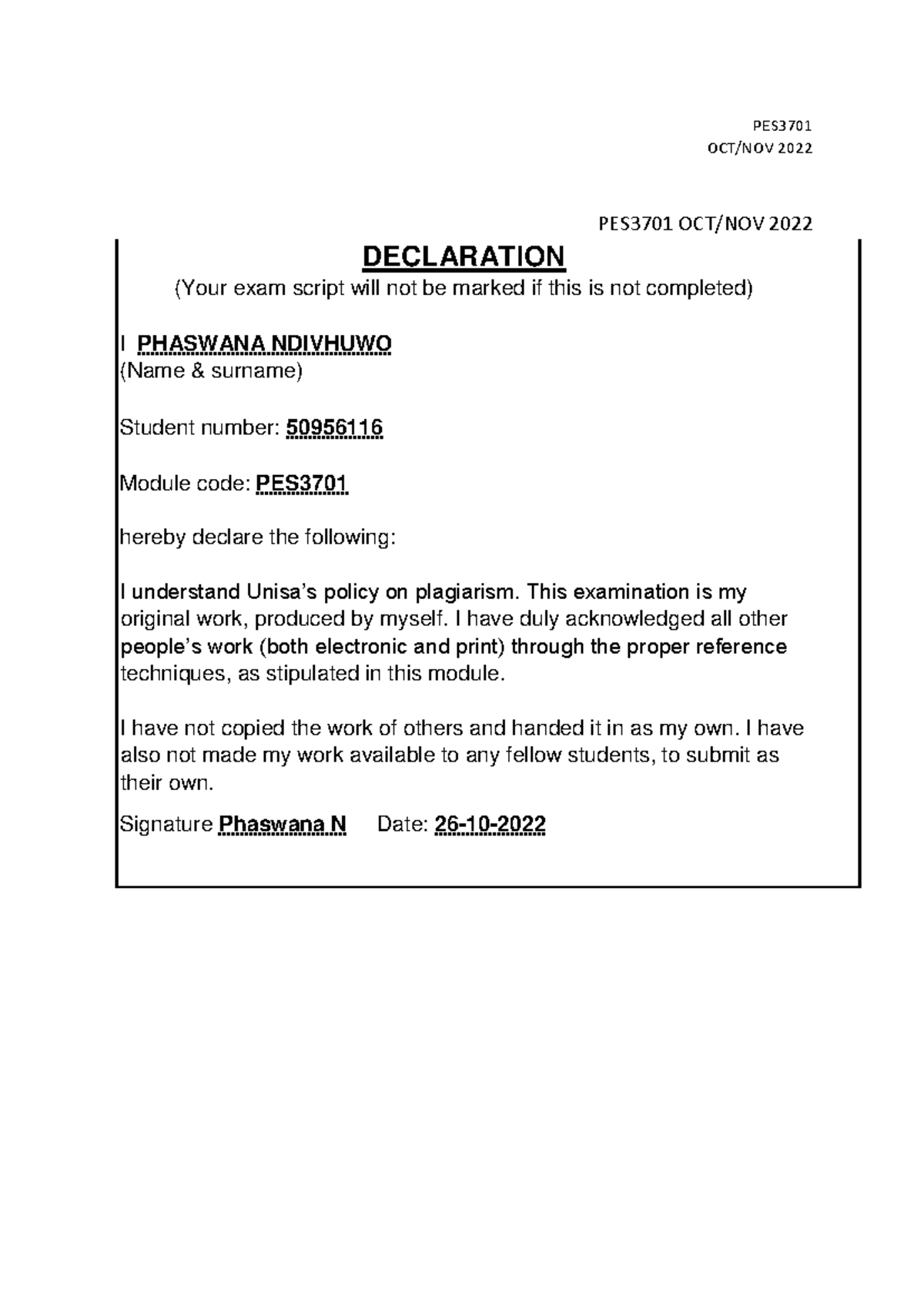 50956116 PES3701 EXAM 2022 - PES OCT/NOV 2022 PES3701 OCT/NOV 2022 ...