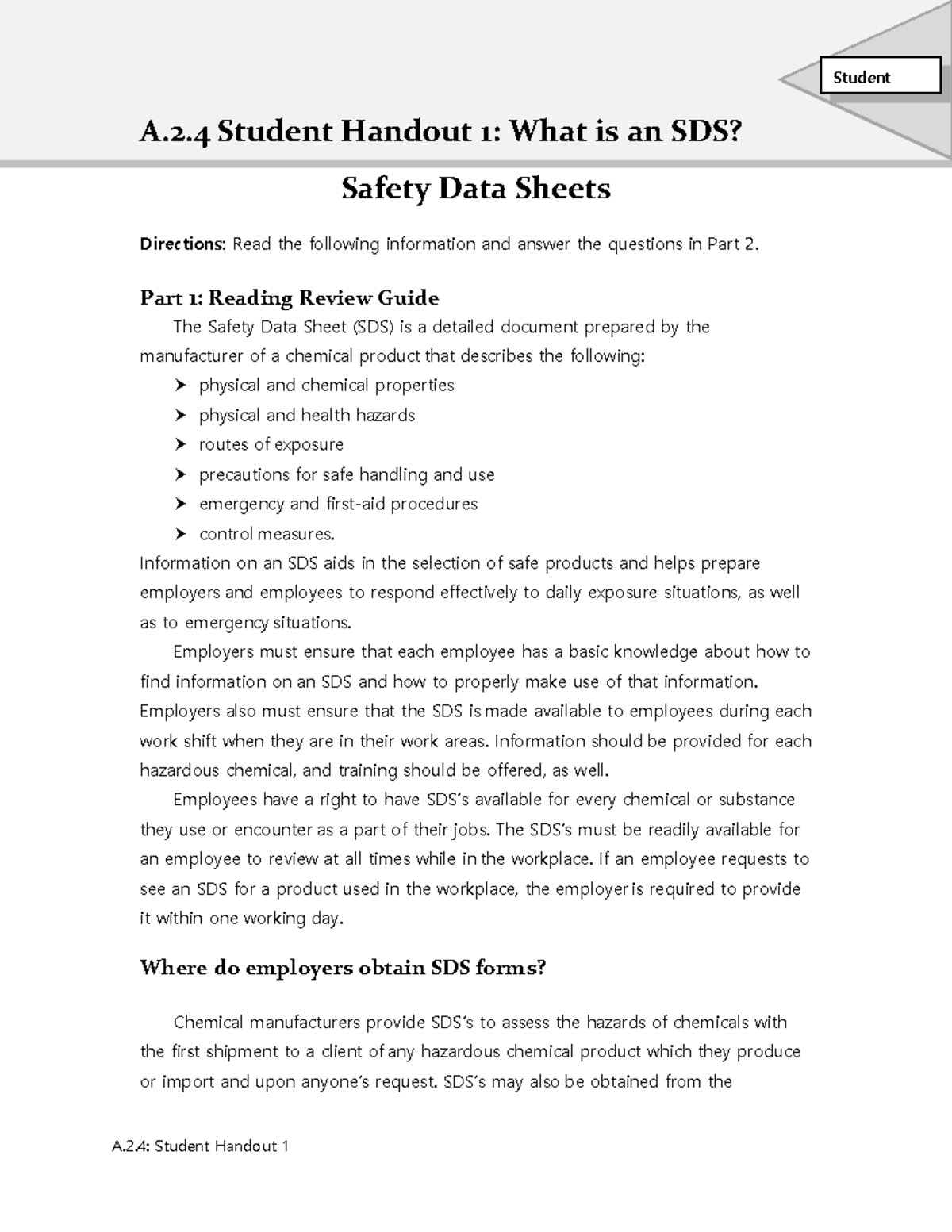 A.2.4 Student Handout 1 - A.2 Student Handout 1: What is an SDS? Safety ...