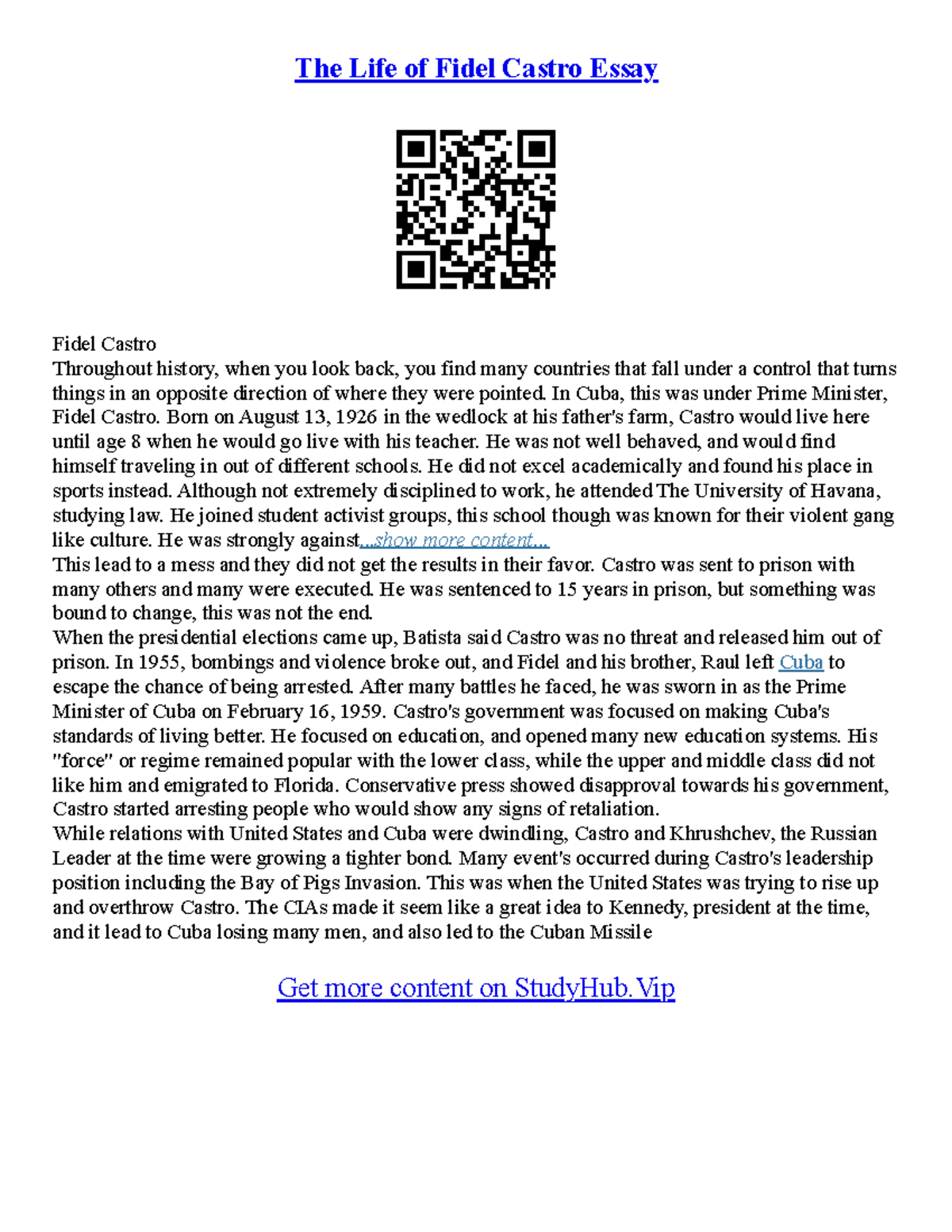 Fidel Castro Essay - The Life of Fidel Castro Essay Fidel Castro ...