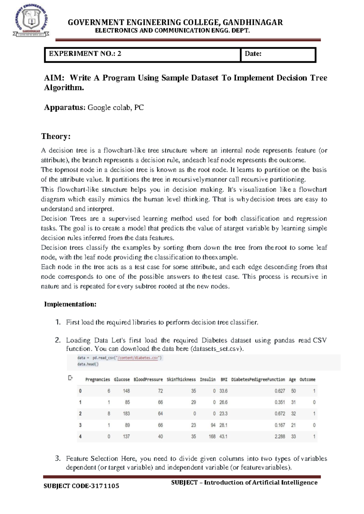 IAI EXP-2 - sfdsg - ELECTRONICS AND COMMUNICATION ENGG. DEPT. EXPERIMENT NO.: 2 Date: AIM: Write ...