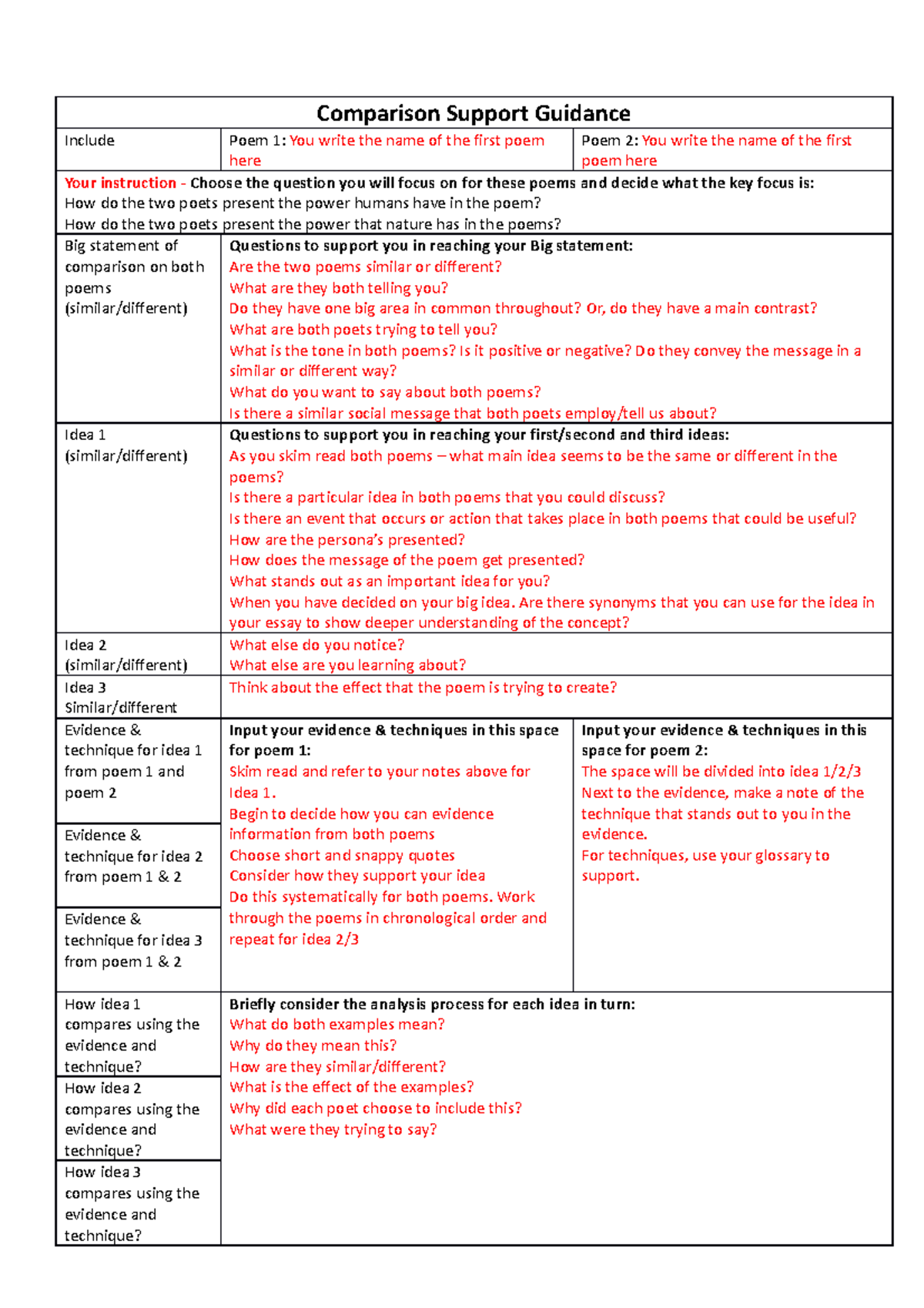 Comparison support questions and document - Comparison Support Guidance ...