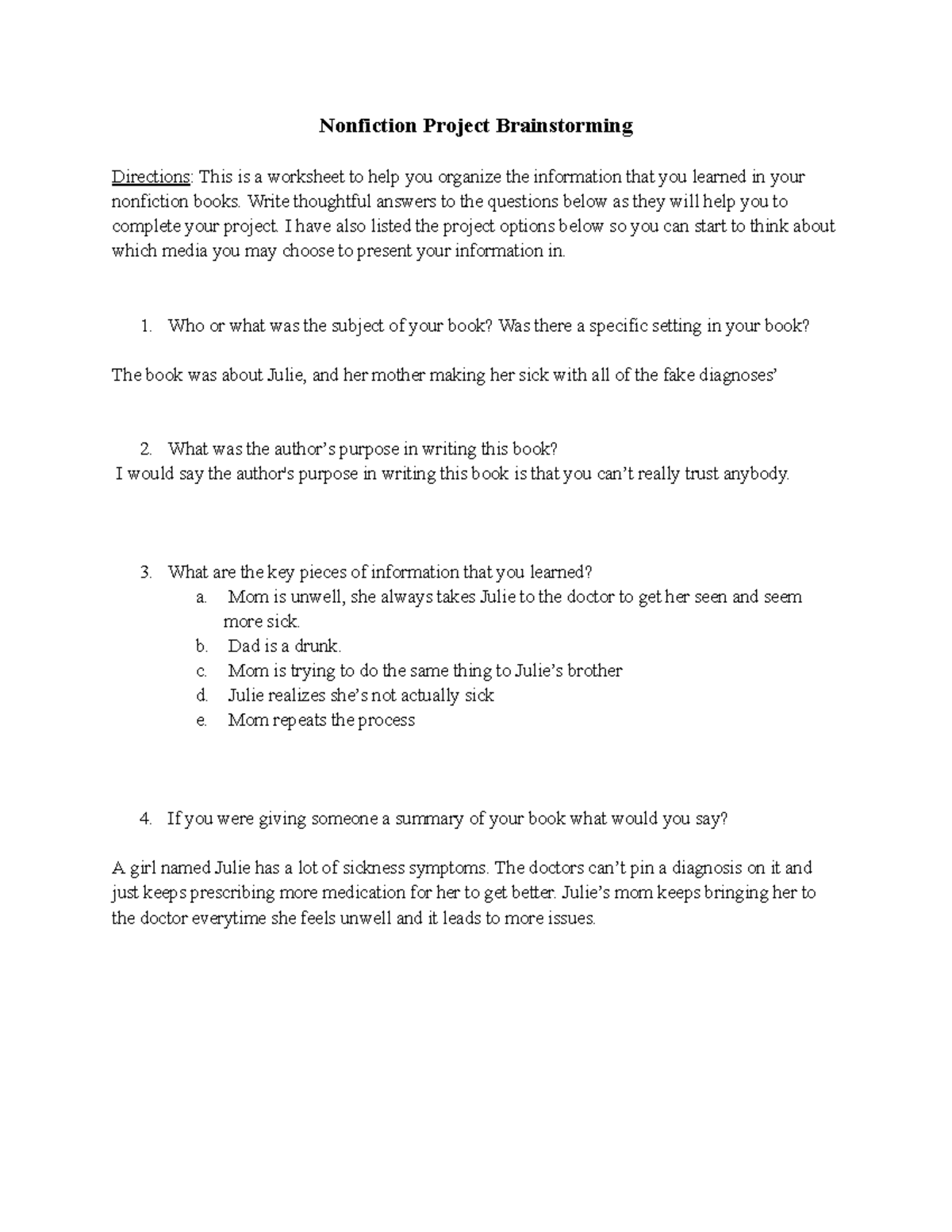 Nonfiction Project Brainstorming - Nonfiction Project Brainstorming ...