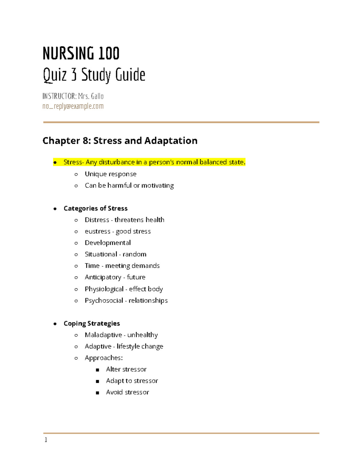 Study Guide Quiz 3 - NURSING 100 Quiz 3 Study Guide INSTRUCTOR: Mrs ...