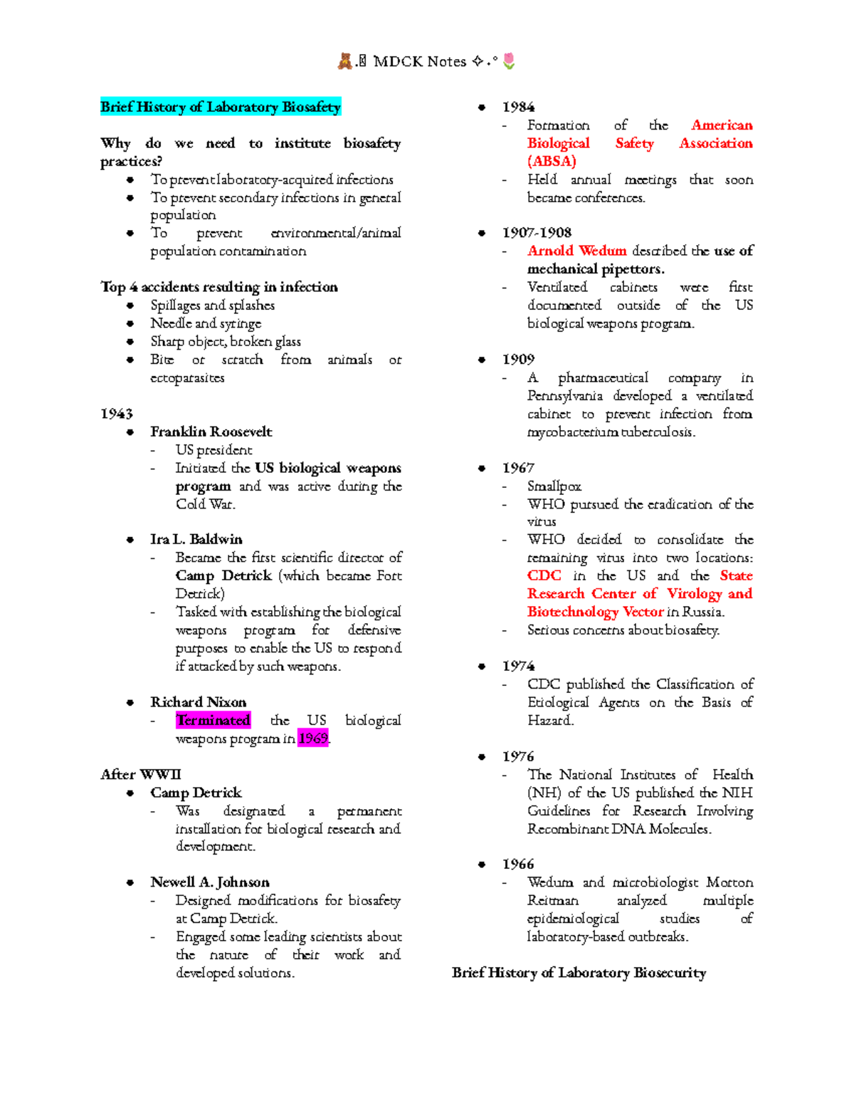 MLSP Mod4 Laboratory Biosafety and Biosecurity - Brief History of Laboratory Biosafety Why do we ...