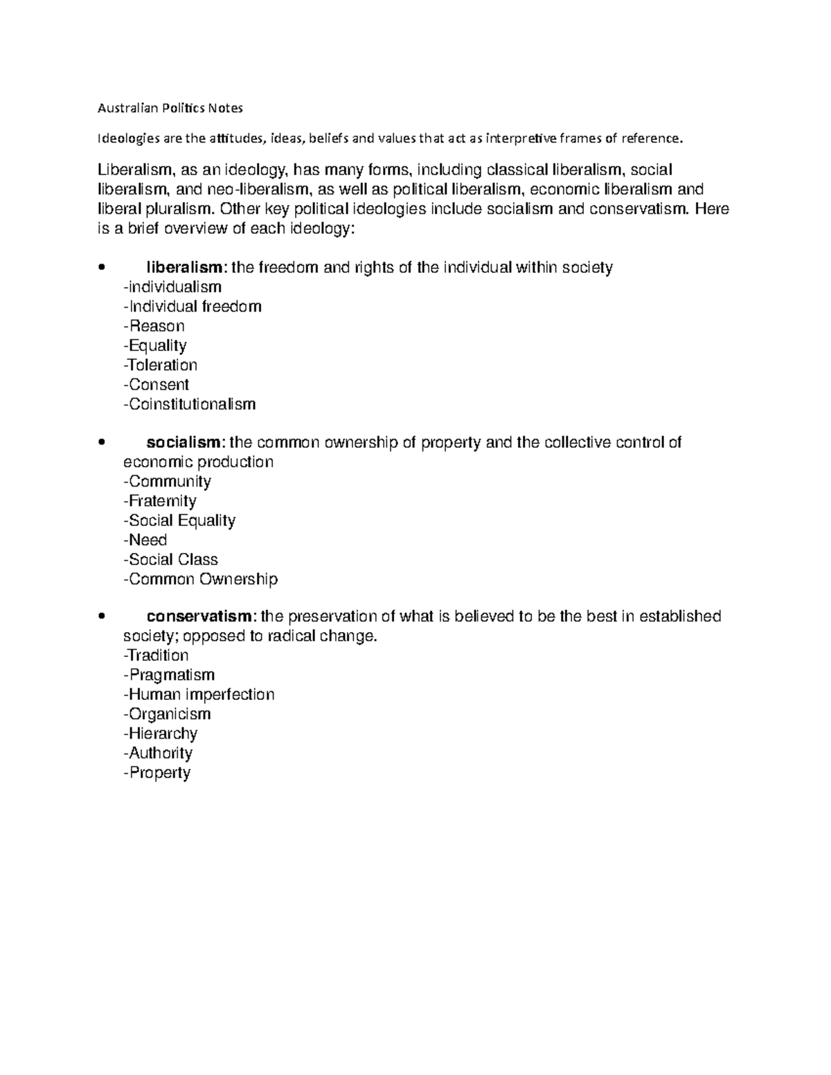 Australian Politics Notes - Australian Politics Notes Ideologies are ...