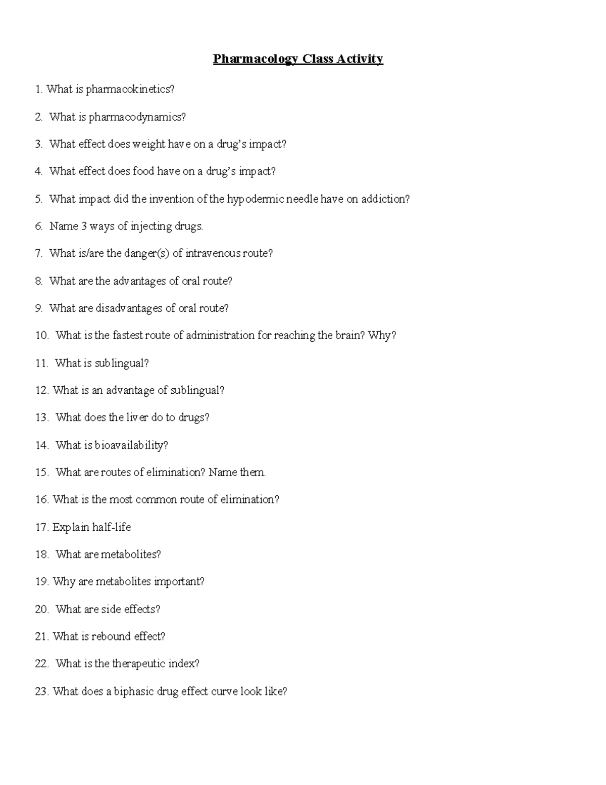 Ch. 4 Pharmacology Class Activity - Pharmacology Class Activity 1. What ...