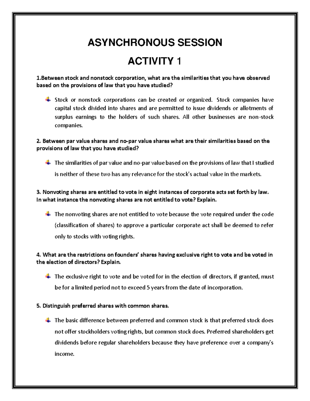 BSA 2B ( Activity 1) BUS. LAW - ASYNCHRONOUS SESSION ACTIVITY 1 1 stock and nonstock corporation ...