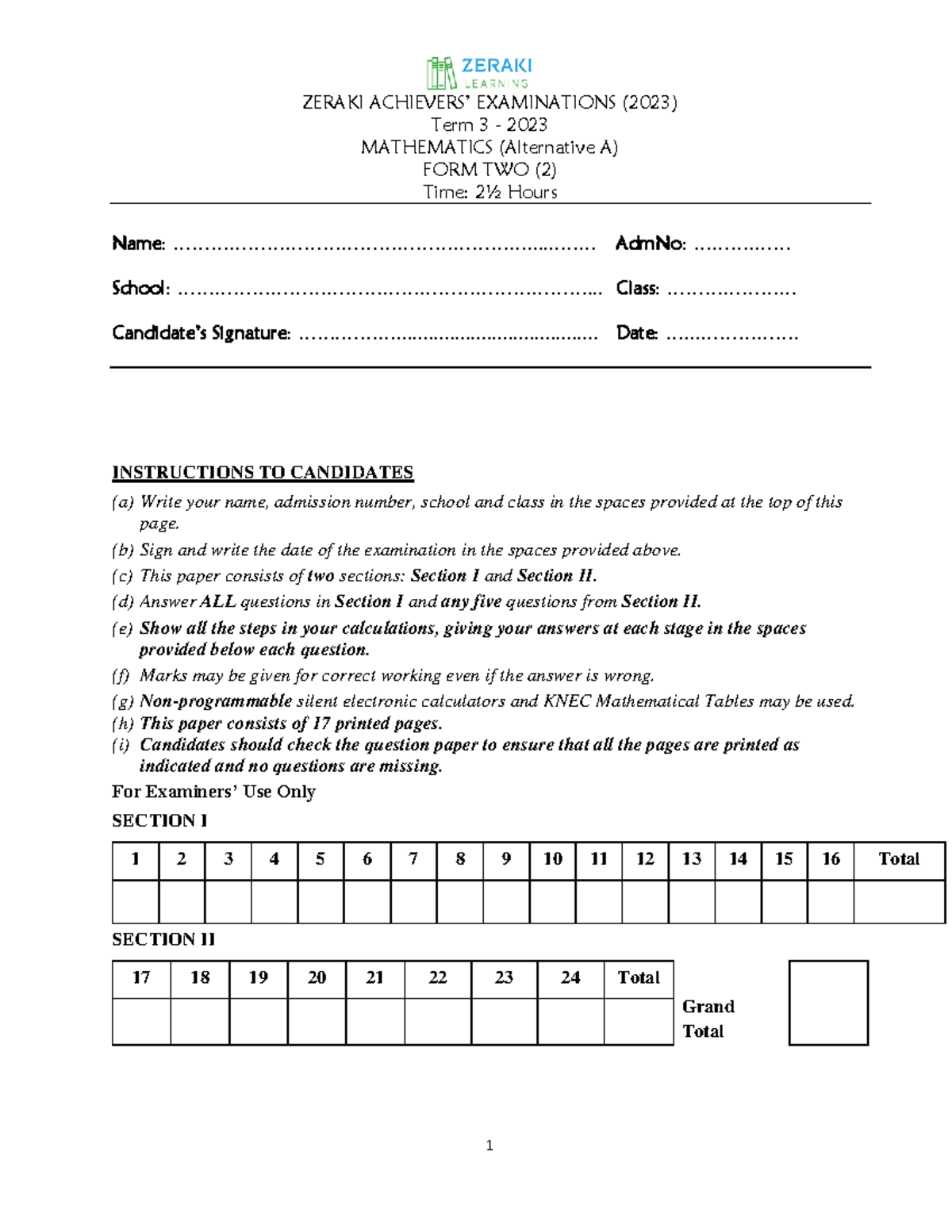 Mathematics - Mathematics Form 2 - Question Paper - ZERAKI ACHIEVERS’ EXAMINATIONS (202 3 ) Term ...