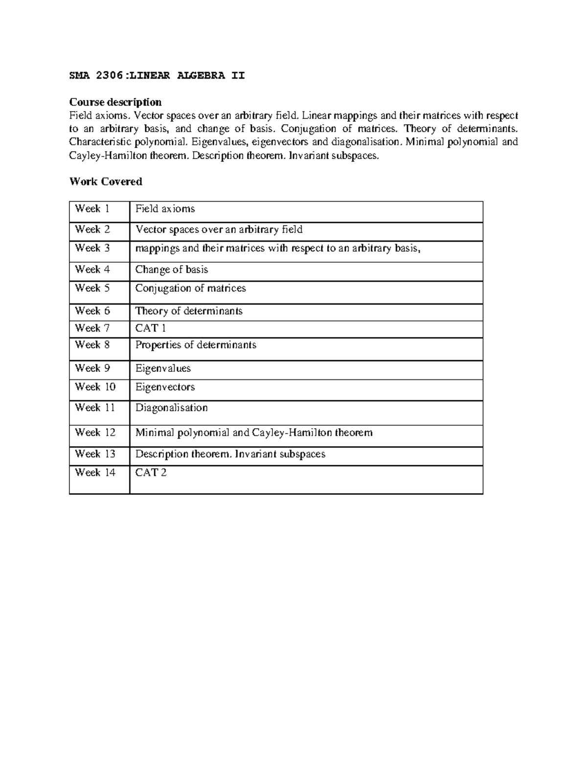 SMA 2306 course outline - SMA 2306:LINEAR ALGEBRA II Course description ...