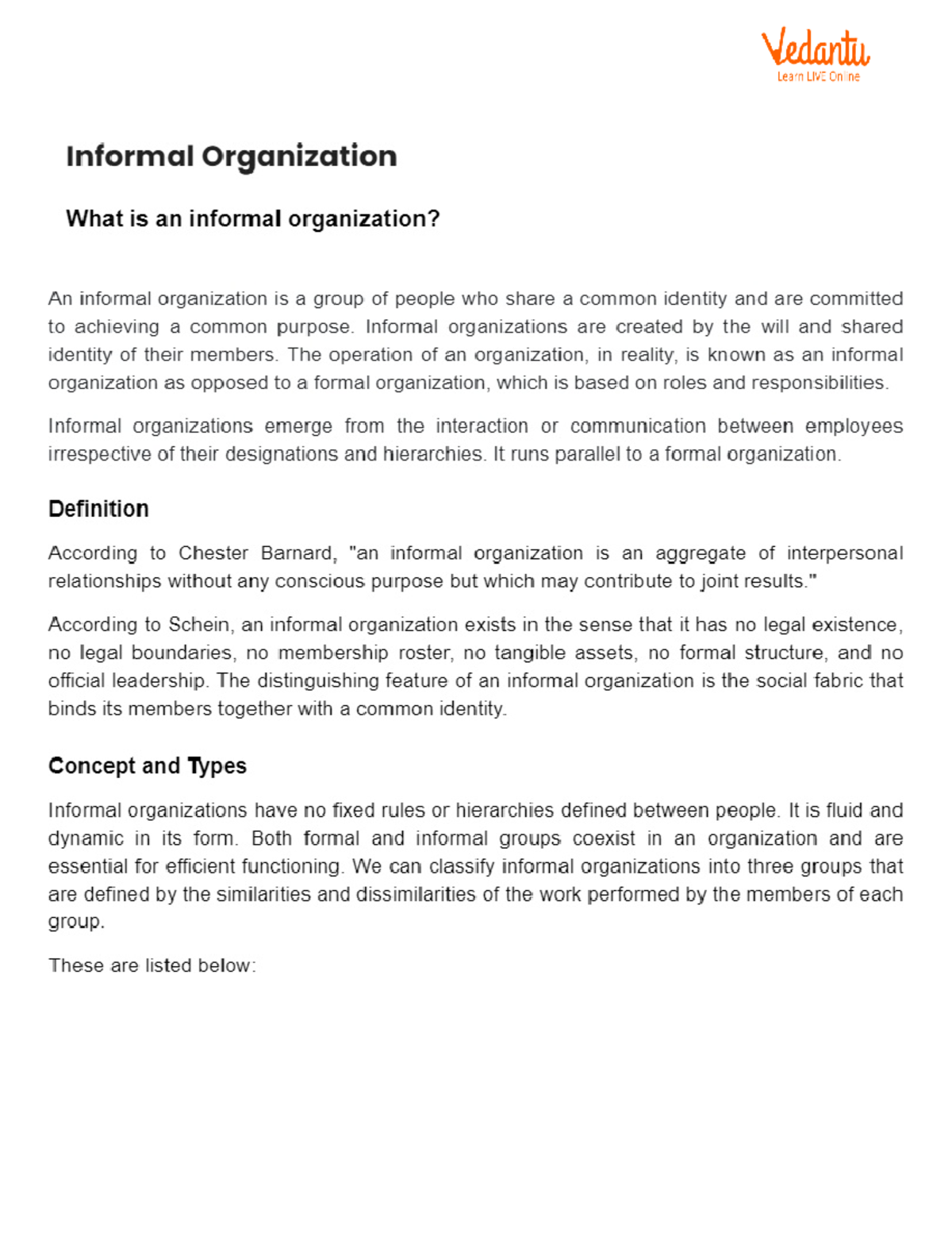 INFORMAL ORGANISATION NOTES - Vedantu Learn LIVE Online Informal ...