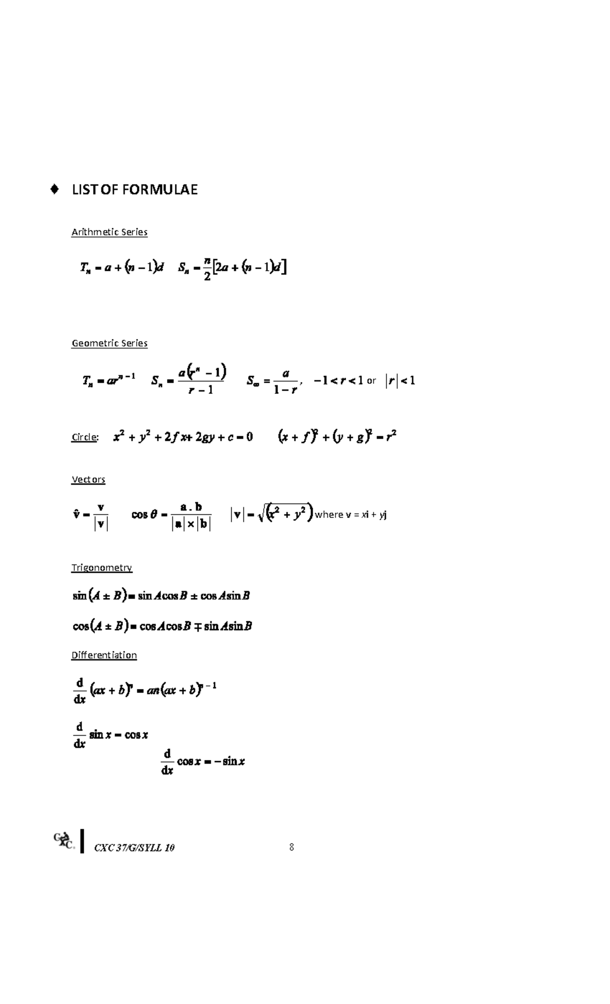 CSEC Additional Mathematics-12-13 - CXC 37/G/SYLL 10 8 f LIST 鈀 OF ...