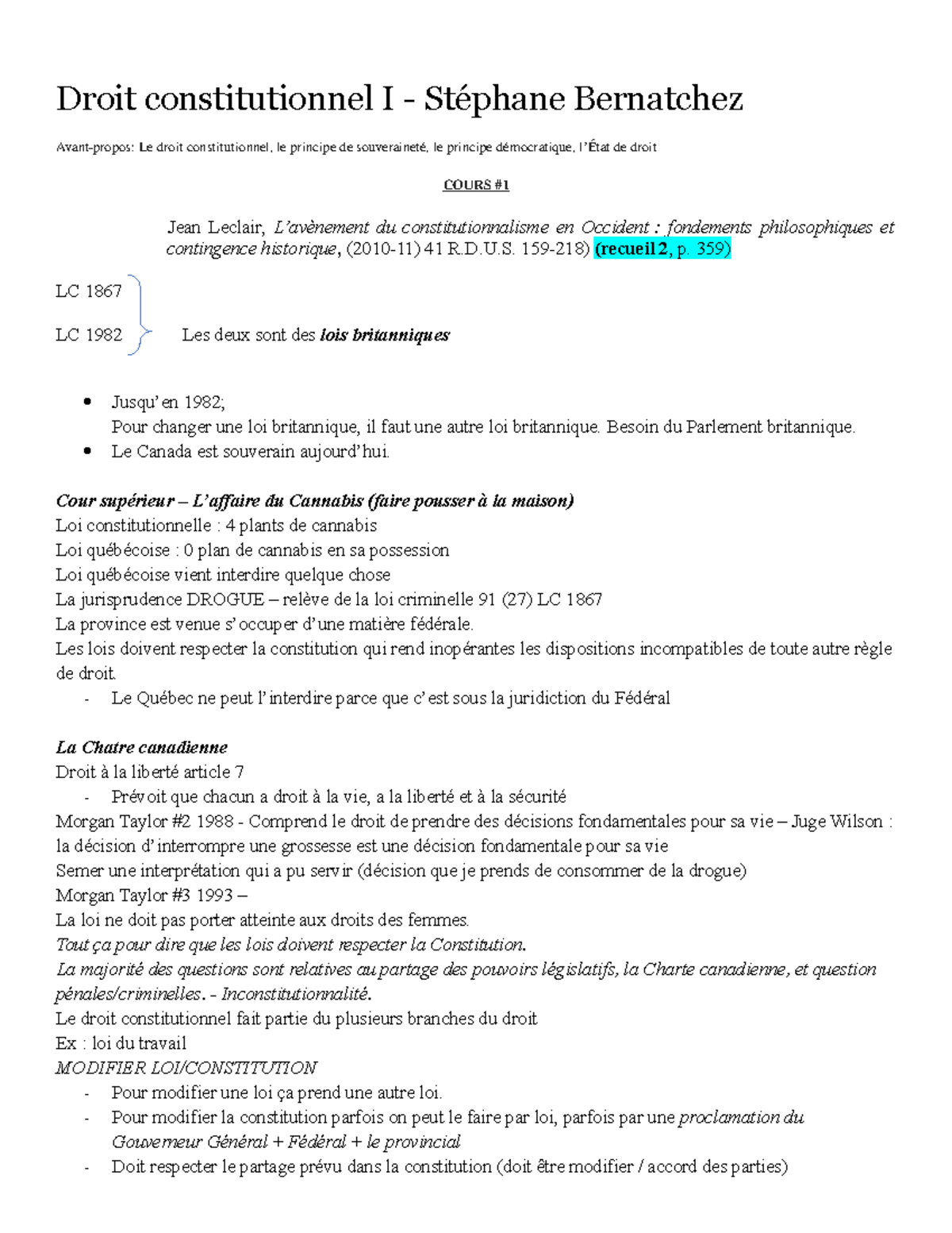 Cours 1 à 3 - Stéphane Bernatchez - Droit constitutionnel I - Stéphane ...