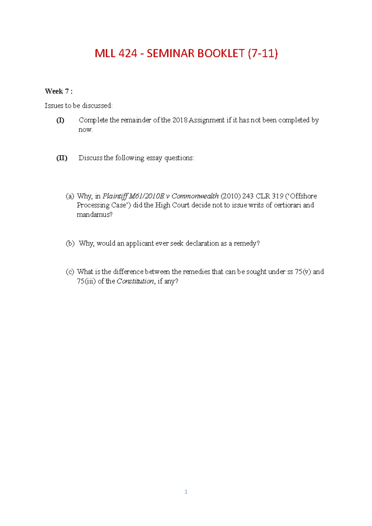 Seminar Booklet T3 2020 (weeks 7-11) - MLL 424 - SEMINAR BOOKLET (7-11 ...