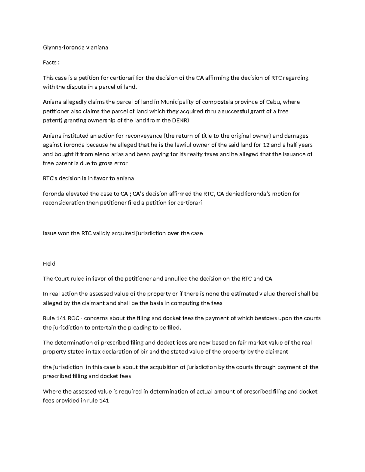 Glynna-foronda - n/a - Glynna-foronda v aniana Facts : This case is a ...