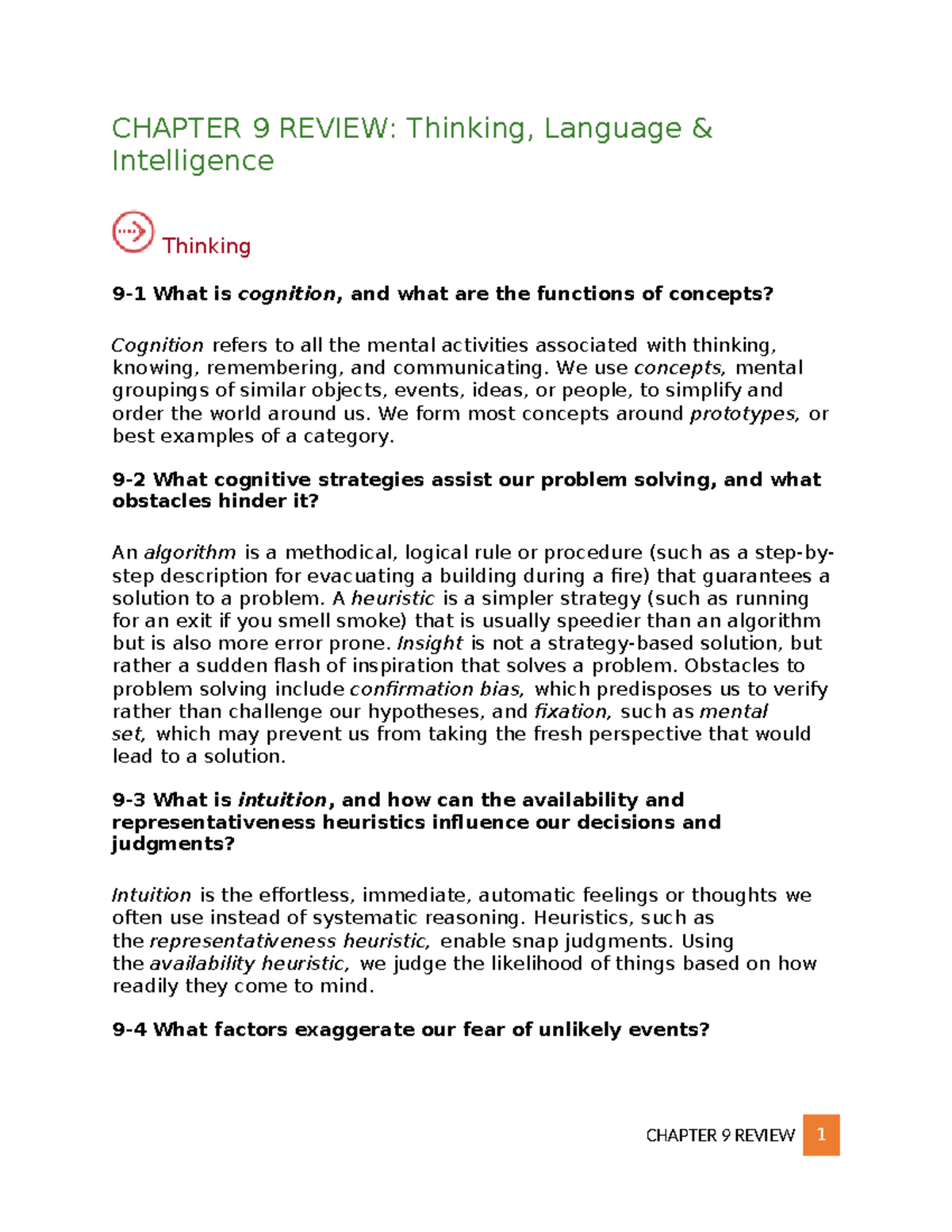 Chapter 9-Review - CHAPTER 9 REVIEW: Thinking, Language & Intelligence ...