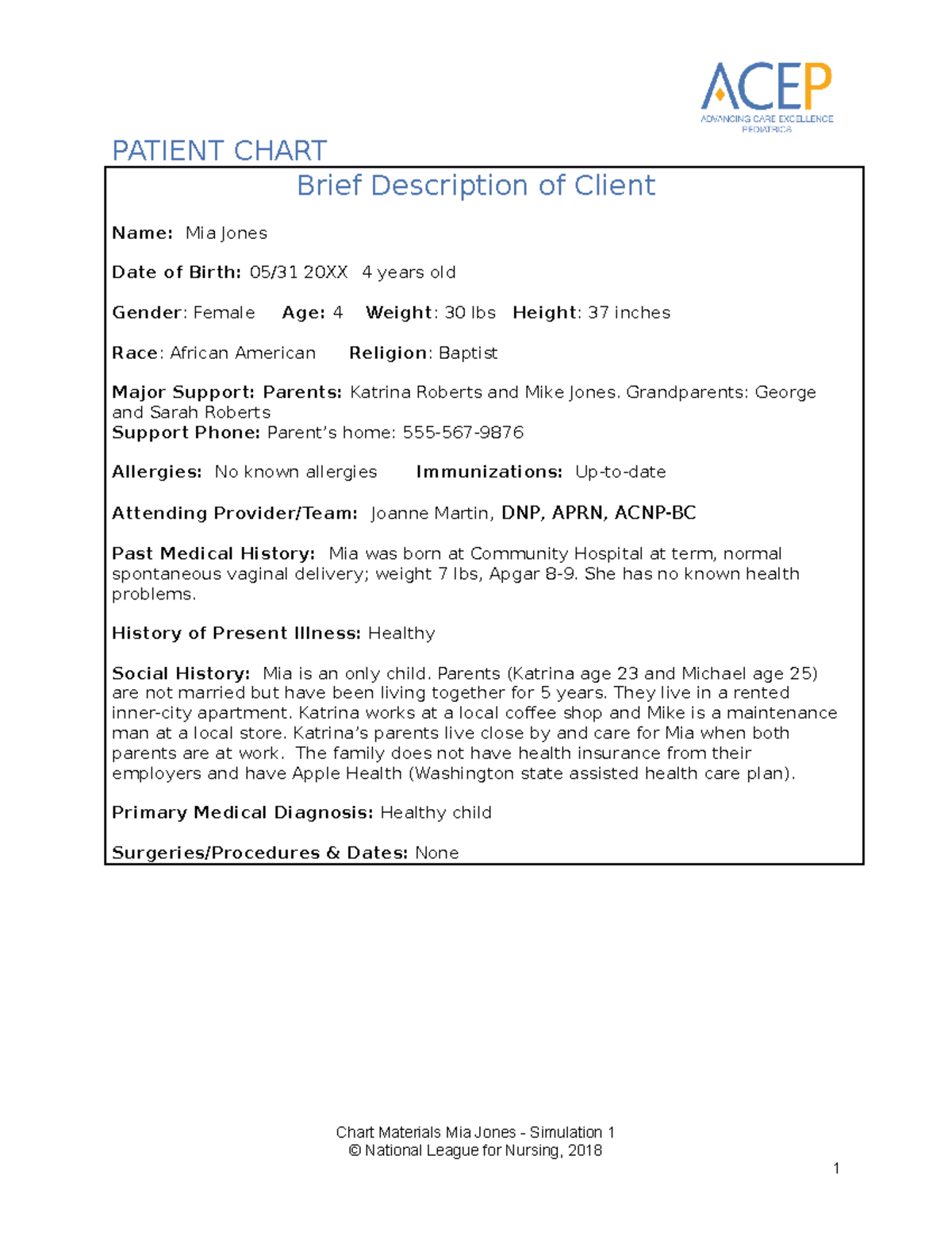 Mia jones sim1 chart - Case study assignment - PATIENT CHART Brief ...