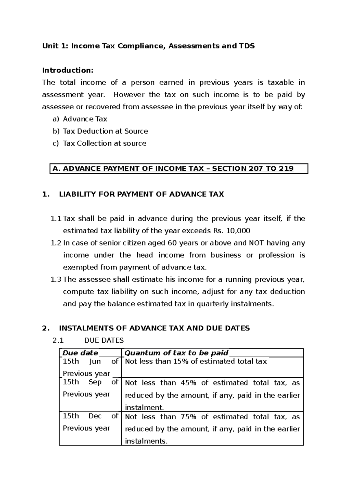 Advance Tax, TDS, Income Tax returns, Assessment procedures - Unit 1 ...