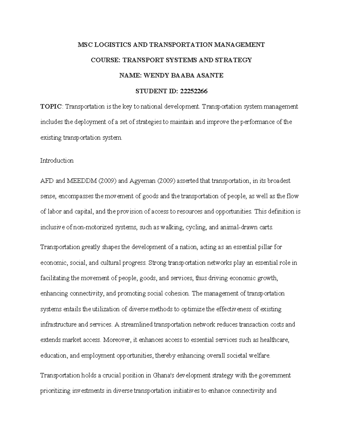 Transport Assignment Wendy Baaba Asante - MSC LOGISTICS AND ...