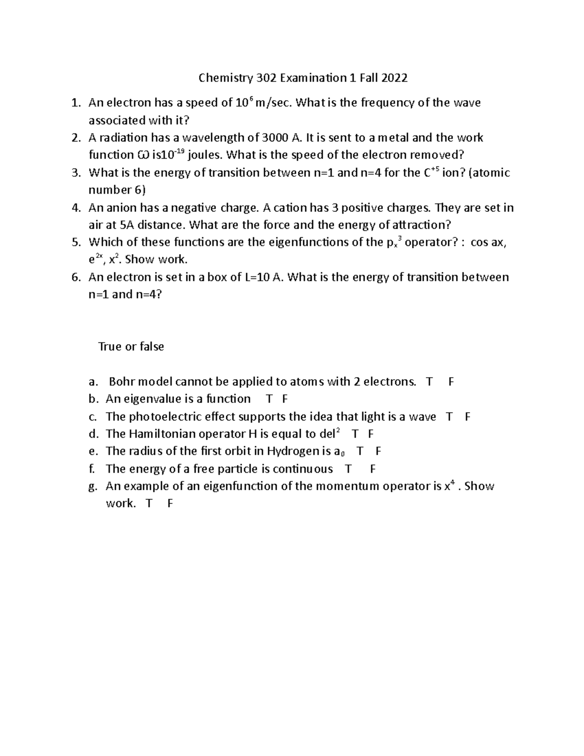 Science Examination 1 Chem 302 fall 2022 - Chemistry 302 Examination 1 ...