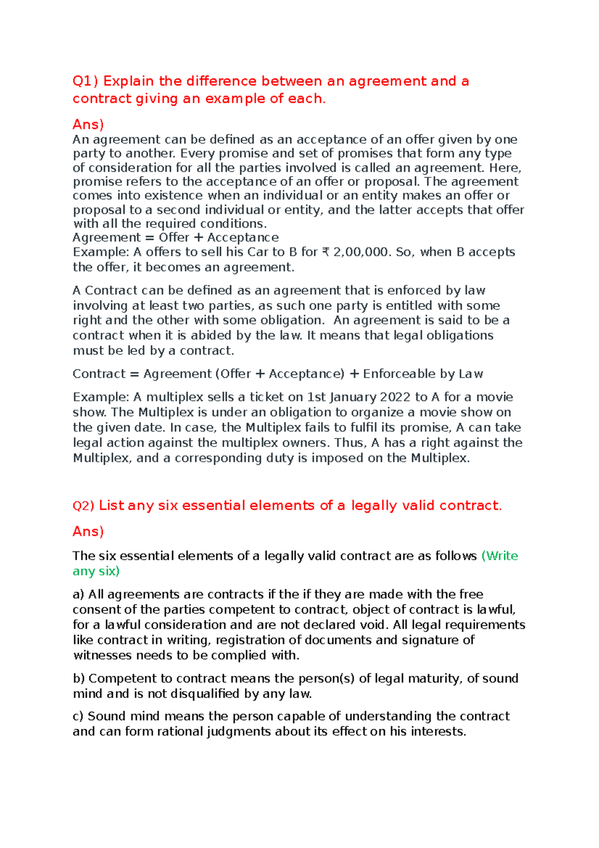 PPLE Assignment-3 - PPLE ASSNG 3 - Q1) Explain the difference between an agreement and a ...