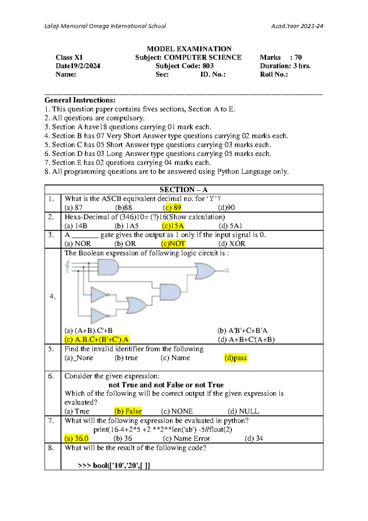 Class 11 CS Model - MODEL EXAMINATION Class XI Subject: COMPUTER ...