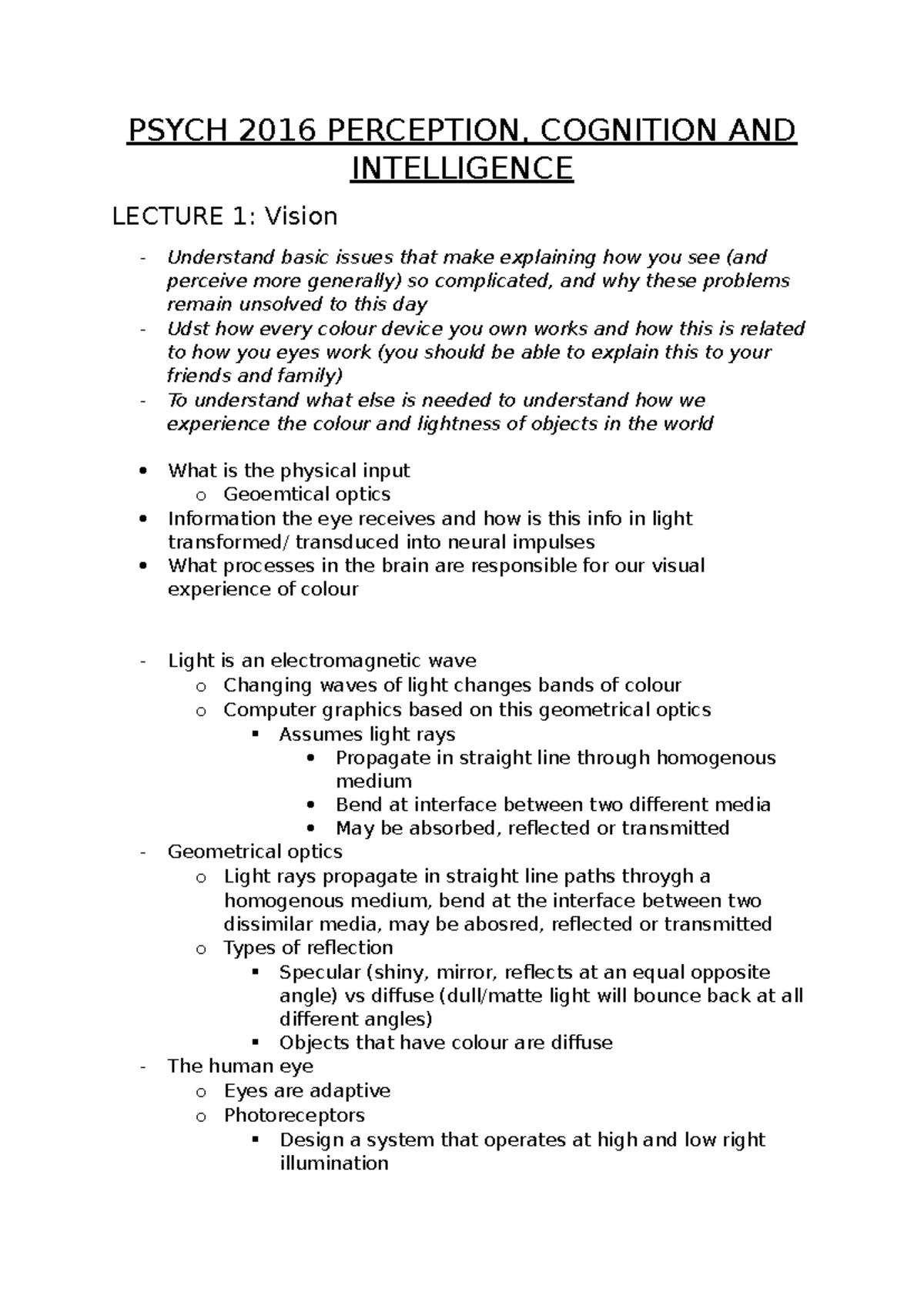 Pscyh 2016 - notes - PSYCH 2016 PERCEPTION, COGNITION AND INTELLIGENCE ...