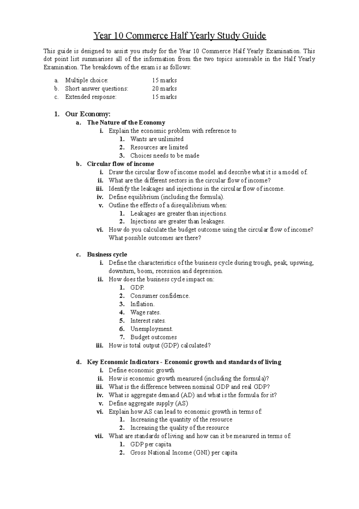 Year 10 Commerce Half Yearly Study Guide - This dot point list ...